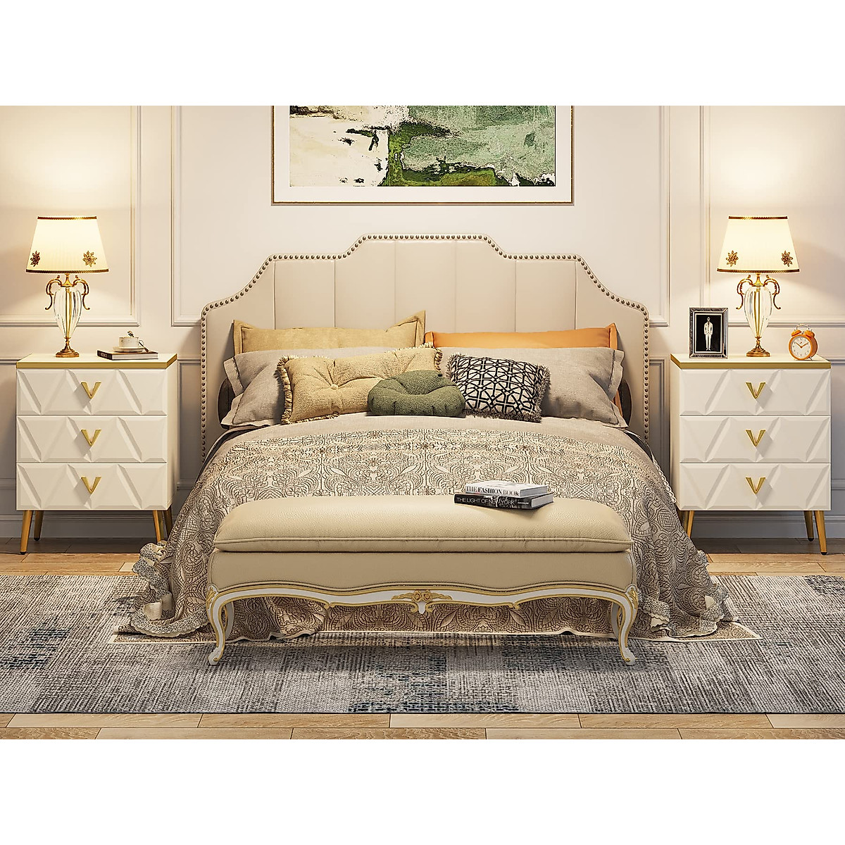 Tribesigns 3-Drawer Nightstand Set of 2, Luxury Bedside Table End Table with Storage Drawers and Golden Legs, Modern Nightstand for Bedroom, Gold and White