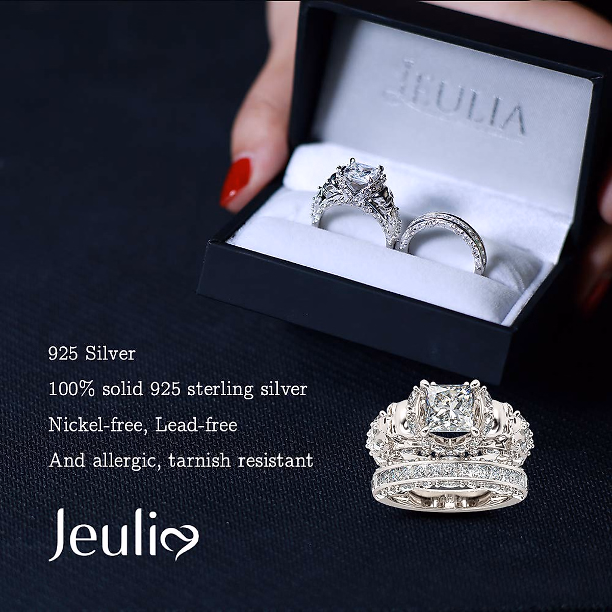Jeulia Skull Engagement Ring Sets Sterling Silver Promise Eternity Band Rings Diamond Princess Cut with Cubic Zirconia Wedding Engagement Anniversary Promise Rings Bridal Sets (9.0(U.S))