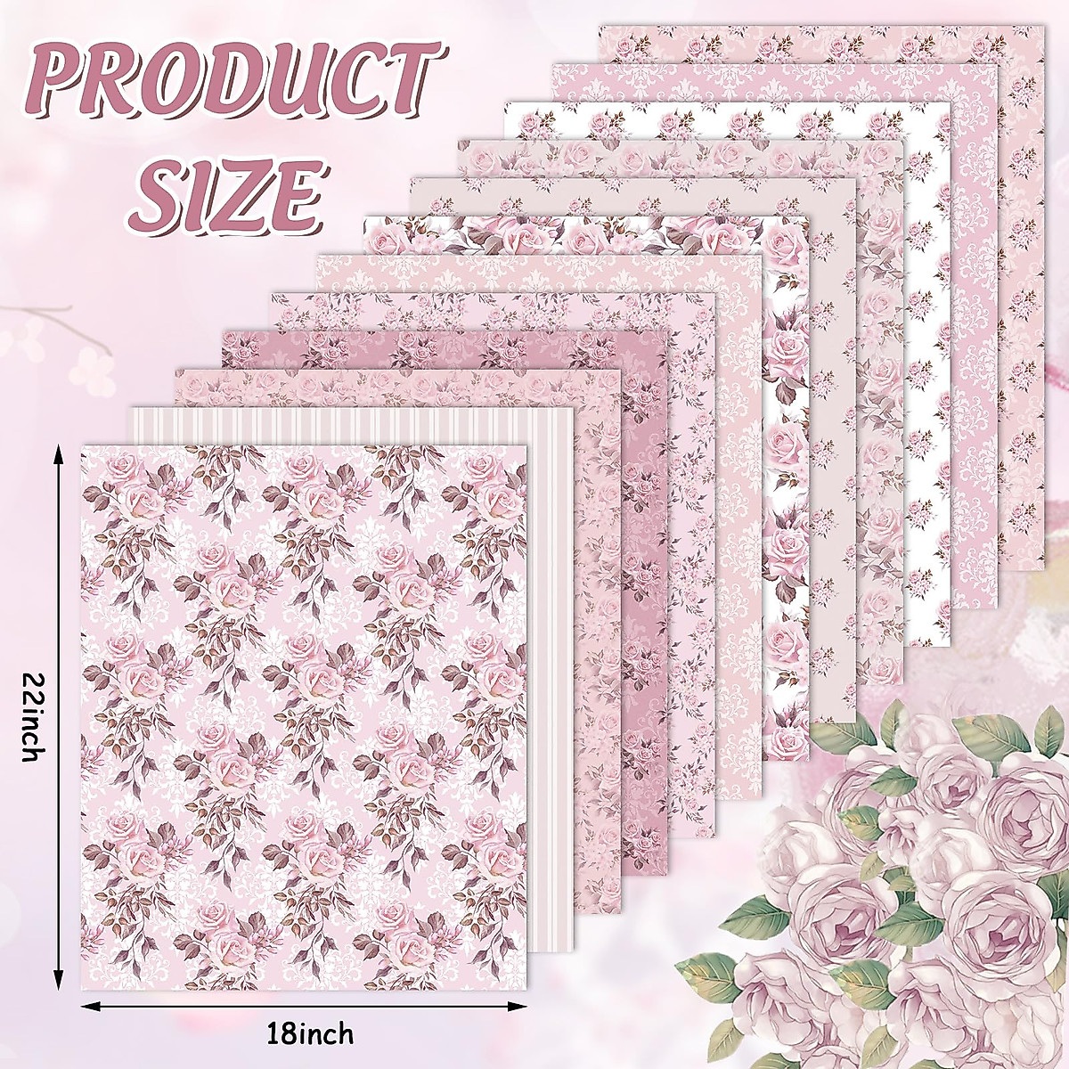 JarThenaAMCS 12Pcs Floral Cotton Fabric Bundles Pink Rose Fat Quarters Retro Flower Quilting Patchwork for Spring DIY Craft Home Party Decor, 18 x 22 Inch