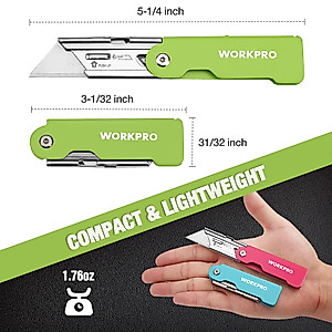 WORKPRO 3-Pack Folding Utility Knife Set, Quick Change Blade Box Cutter, Razor Knife with Belt Clip, 10 Extra SK5 Blades for Cartons, Cardboard and Boxes…