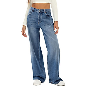 HDLTE Women Wide Leg Jeans High Waist Baggy Jeans Loose Boyfriend Jeans Denim Pants Y2K Light Blue