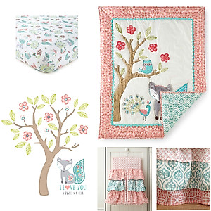 Levtex Baby - Fiona Crib Bed Set - Baby Nursery Set - Pink, Teal, and White - Woodland Forest Theme - 5 Piece Set Includes Quilt, Two Fitted Sheets, Wall Decal & Skirt/Dust Ruffle