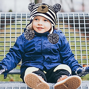 Century Star Baby Boy Hat Winter Fleece Lined Hat Knit Earflap Kids Caps Infant Toddler Hats for Baby Girls with Pom Pom Bear Navy 0-12 Months
