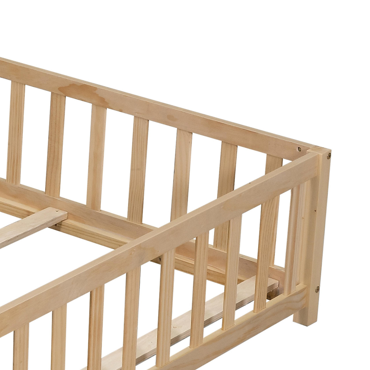 KTVTK Full Size Floor Platform Bed with Door and Fence & Wood Slats, Wooden Montessori Bed-Frame W/Support Slats for Children,Kids,Girls,Boys,Natural