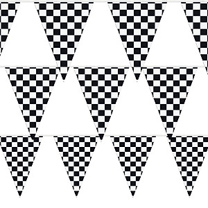 Checkered Flags Black and White 100’ FT Pennant Racing Banner | NASCAR Theme Party Decoration Plastic Flag | Race Car Parties Décor | Decorative Birthday BBQ Bar Hanging Accessories | 1 Banner