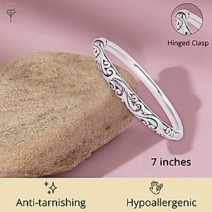 MAX + STONE Lightweight 925 Sterling Silver Bracelet for Women | 7 Inch Filigree Bracelet with Hinged Clasp | Anti-tarnishing Sterling Silver Bangle Bracelet for Women | Silver Bangles for Women