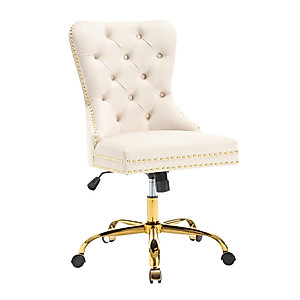 KCC Velvet Home Office Chair with Gold Metal Base & Nailhead Trim, Modern Swivel Upholstered Tufted Task Chair, Adjustable Wingback Armless Desk Chair for Living Room/Bedroom(Beige)