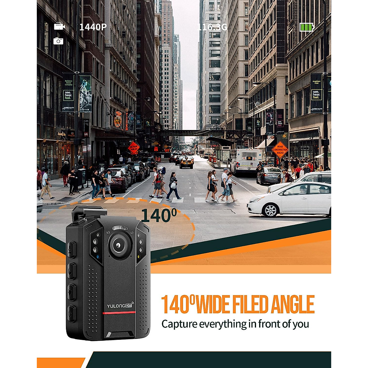 YULONGDT 1440P Body Camera, 128GB Body Cameras with Audio and Video Recording, Wearable Body Camera for Police, Personal, Infrared Night Vision, 3300mAh Battery for Civilian, Law Enforcement