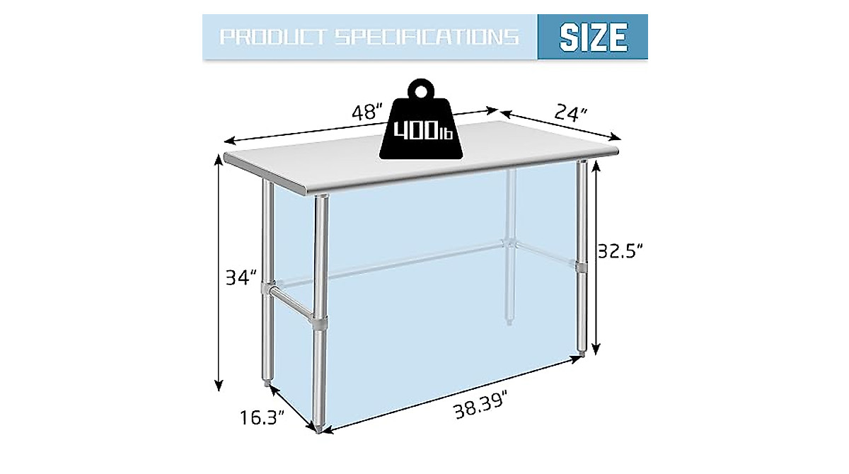 Hally Open Base Stainless Steel Table 24 x 48 Inches, NSF Commercial ...