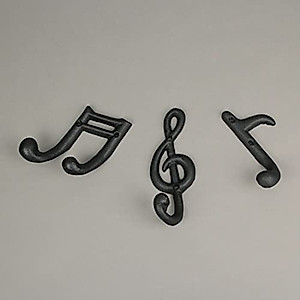 Zeckos Harmonious Melodies - Set of 3 Black Finish Cast Iron Musical Note Wall Hooks for Decorative Music Room Ensemble - 6 Inches High - Elegant Home Decor Accent