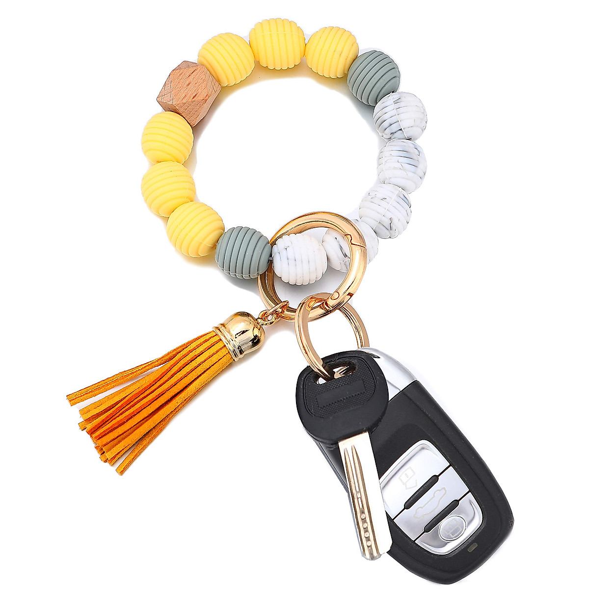 PYMEDY Wristlet Bracelet Keychain for Women Quality Silicone & Hardware Keys Holder Tassel Beaded Keyring Yellow