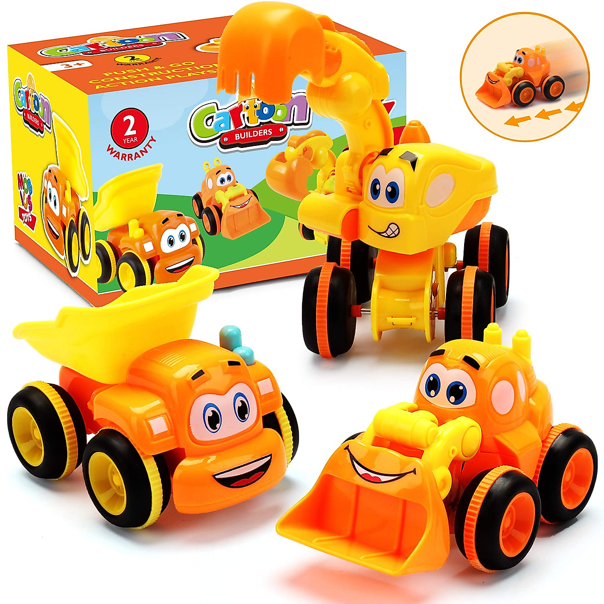 Toys for a 2 Year Old Boy - 3 Friction Powered Trucks for 2+ Year Old Boys, Push & Go Cars Cartoon Construction Vehicle Set - Toddler Boys Toys & Toy Trucks, Play Pull Back Car
