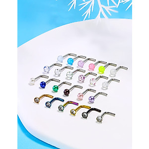Cisyozi 18G Nose Rings Studs for Women Stainless Surgical Steel Stud Nose Ring Plastic Glow Dark Big Curved Nose Nostril Rings Bend L Shaped Pearl Nose Ring Piercing Jewelry Set Pack Men Diamond 3mm