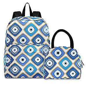 FOLIOSA Kid's Backpack Lunch Bag Set Square Evil Eye Print， Large Capacity Insulated Scratch-Resistant Backpack with Lunch Kit for School Work Suits for 6+ Years Teenager Boys Girls