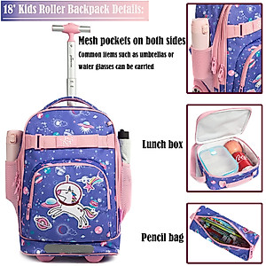 Egchescebo Kids Rolling Unicorn School Backpack for Girls Luggage Suitcase With Wheels Trolley Wheeled Backpacks Travel Bags 18' 3PCS Girls Unicorn With Lunch Box Purple