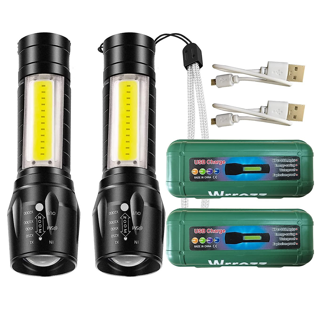 Wrrozz Led Flashlight Rechargeable USB Torch Mini Small Light Super Bright Handheld Tiny Portable Pocket Flash Light with COB Side Searchlight High Lumens Zoomable Emergency Camping Accessories 2 Pack