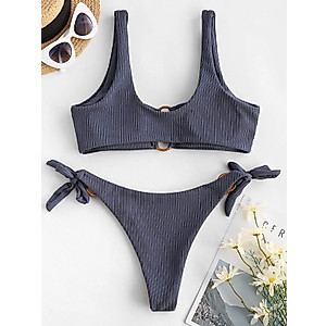 ZAFUL Women's Ribbed Solid O-Ring String Bikini Tie Side Swimsuit Two Pieces Bathing Suit Small