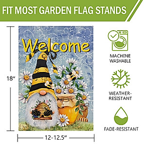 Furiaz Welcome Spring Honey Bee Gnome Garden Flag, Summer Yard Outdoor Home Decorative Burlap Lawn Outside Decoration, Daisy Flowers Small Decor Double Sided 12x18