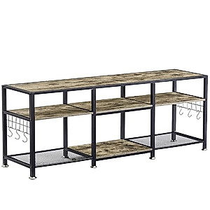 VECELO TV Stand for Televisions up to 70 Inch, Industrial Entertainment Center with 3-Tier Open Storage Shelves& Hooks for Living, Bedroom and Gaming Room, 63 Inch, Grey