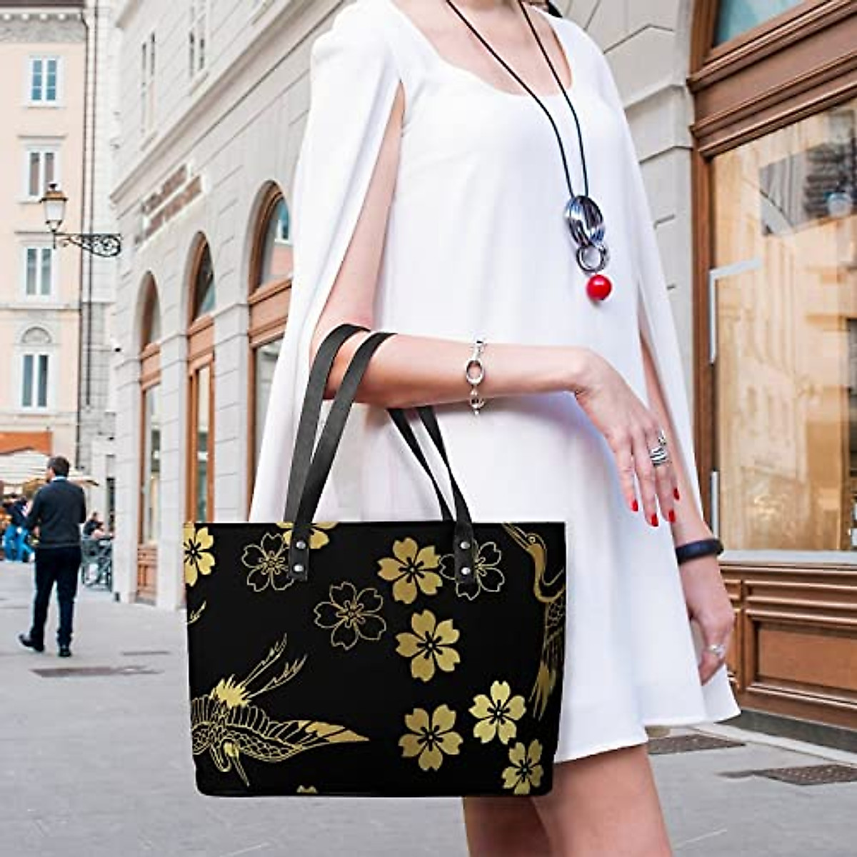 Womens Handbag Japanese Cherry Flower And Crane Leather Tote Bag Top Handle Satchel Bags For Lady