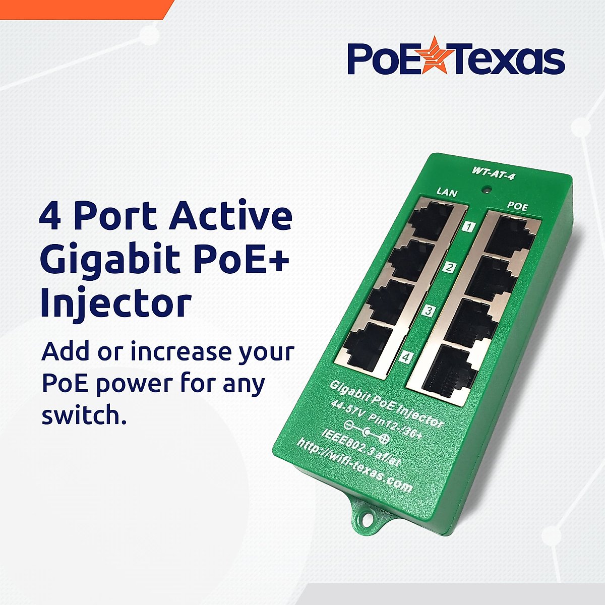 PoE Texas 4 Port PoE/PoE+ Injector with 48V 60W Power Supply - Gigabit Injector - Active Mode A Power Over Ethernet Multi Port PoE Adapter - Supports 4 PoE (802.3af or at) up to 60 watts