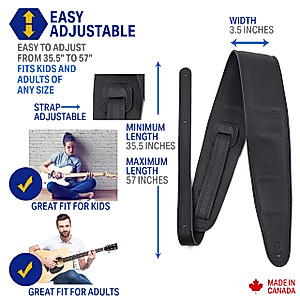 Perri's Leathers, Padded Leather Guitar Strap, Black, Anti-Slip, Classic, Suitable for Each Level, Adjustable from 41" to 56" Inch, Compatible w/All Button Lock Systems