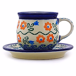 Polish Pottery Espresso Cup with Saucer 3 oz (Tulip Vines Theme)