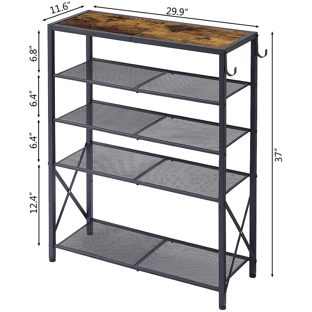 Tajsoon 5 Tier Shoe Rack Organizer for 16-20 Pairs of Shoes, Front Door Shoe Rack with 2 Hooks, Metal Mesh Shoe Shelf for Entryway, Shoe Storage with X Shape Fixed Frame, Rustic Brown & Black