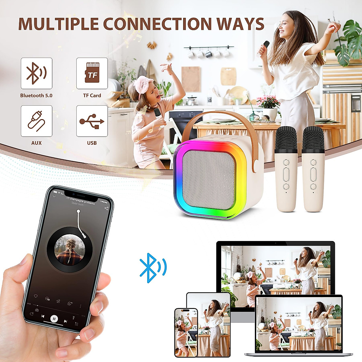 Fede Karaoke Machine for Kids Adults, Mini Karaoke Machine with 2 Wireless Microphones, Portable Bluetooth Speaker with Voice Changing Effects & LED Lights, Best Gifts Toys for Girls and Boys