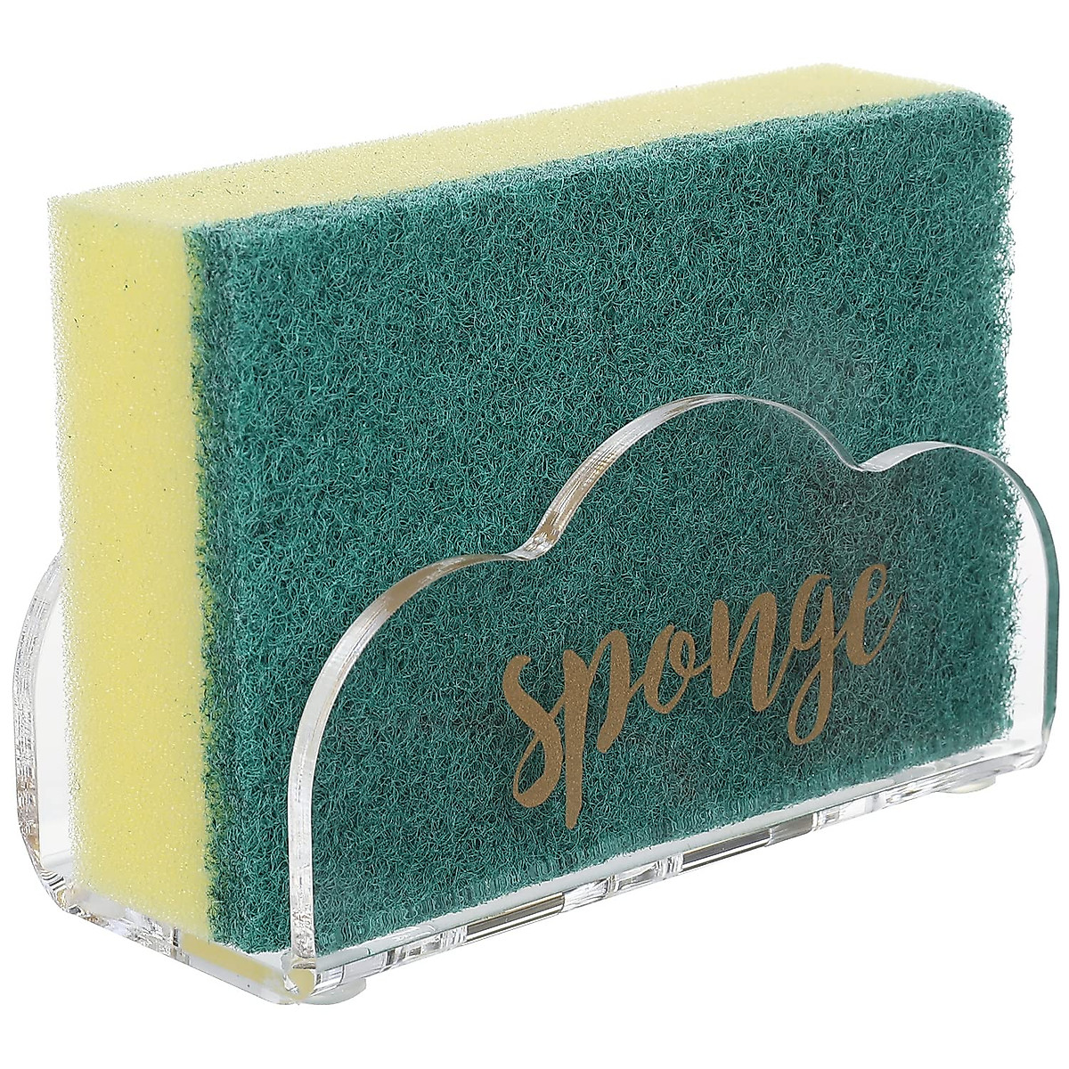 MyGift Decorative Clear Acrylic Kitchen Sink Sponge Holder with Draining Holes and Gold Curvie SPONGE Wording Design