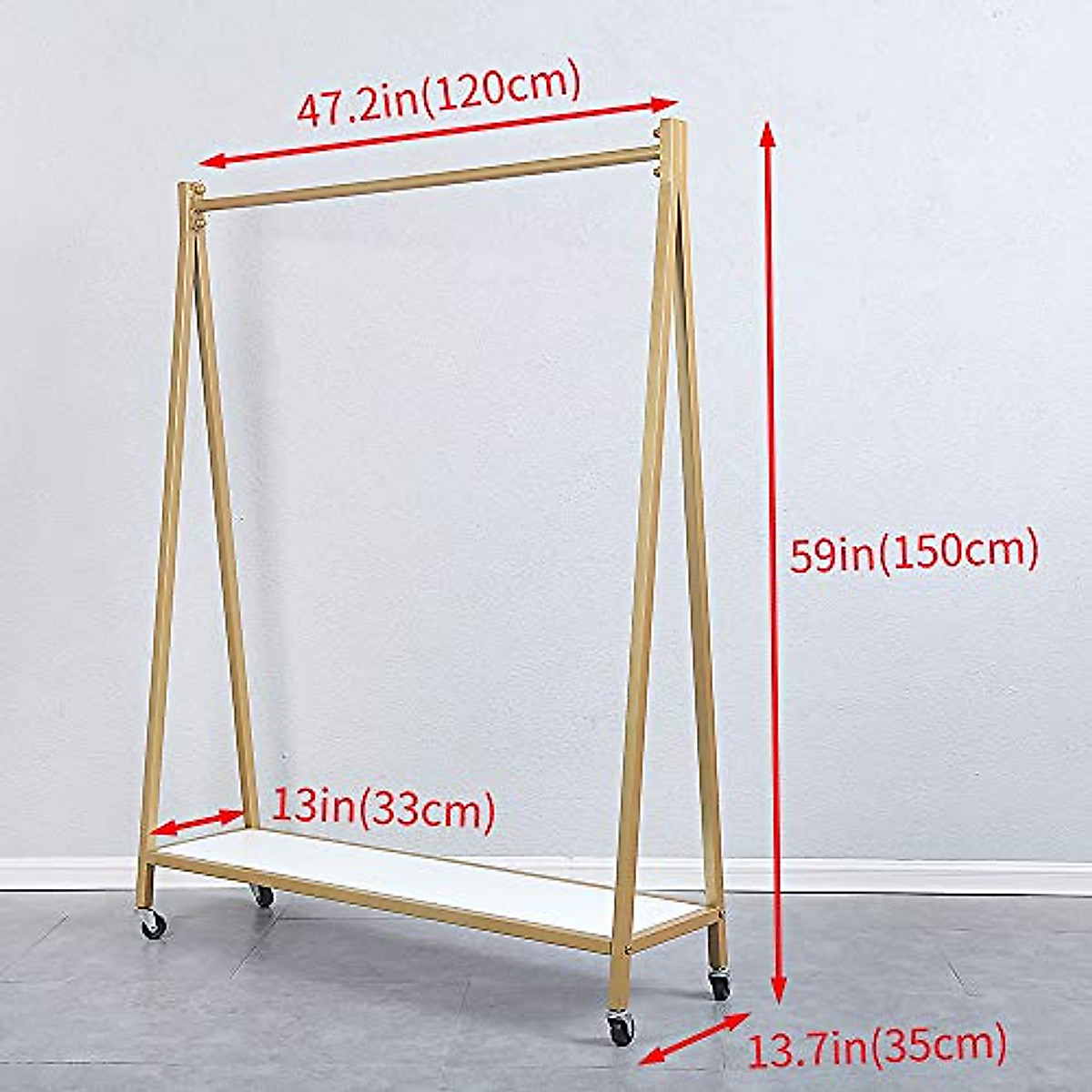 OLDRAINBOW Clothing Racks with Wood Shelves 59in,Retail Rolling Display Rack with Wheels,Commercial Clothes Racks for Hanging Clothes,Metal Garment Rack(Gold)