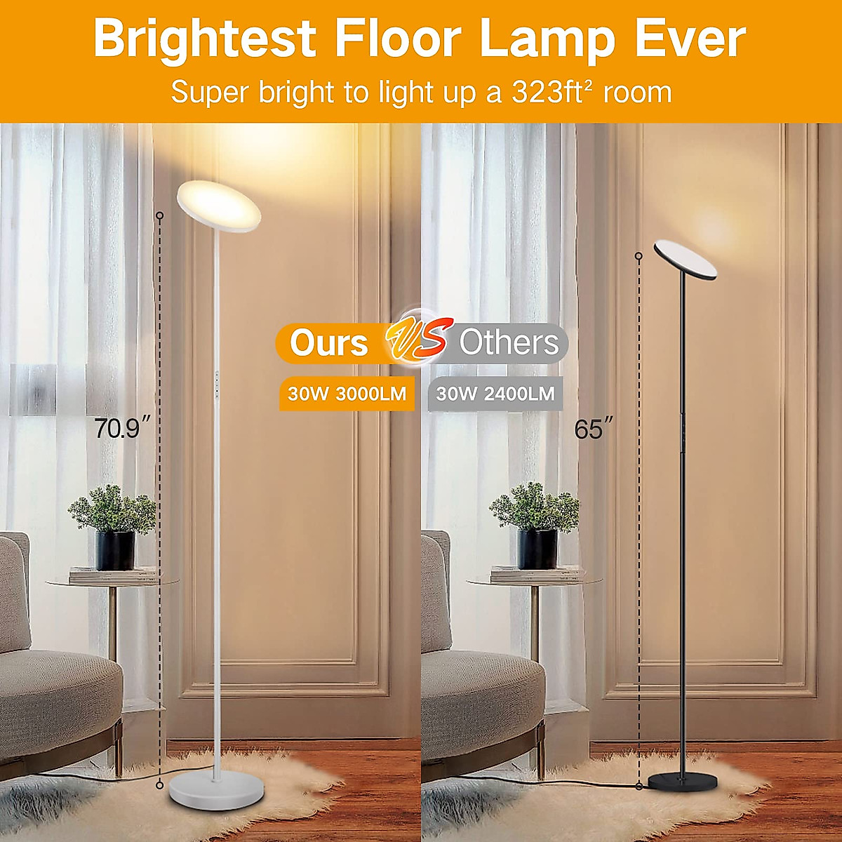 OUTON Floor Lamp, 30W/3000LM LED Modern Torchiere Sky Lamp, Bright Dimmable Standing Tall Lamp with 4 Color Temperatures, Remote Touch Control, 1 Hour Timer for Living Room Bedroom Office, White