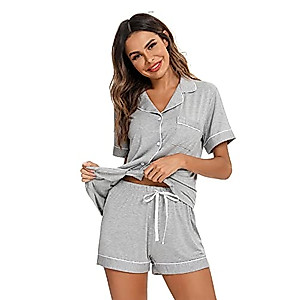 Aamikast Button Up Pajama Set for Women Shorts Short Sleeve Knit Sleepwear 2 Pice Pjs Sets (X-Large, Light Gray)