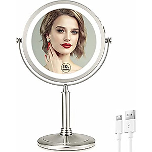 VESAUR 8" Rechargeable Lighted Makeup Mirror, 1X/10X Magnifying Mirror with 3 Colors 50 LED Lights, Touch Screen Brightness Adjustable, Removable Travel Vanity Mirror 360° Rotation, Senior Nickel