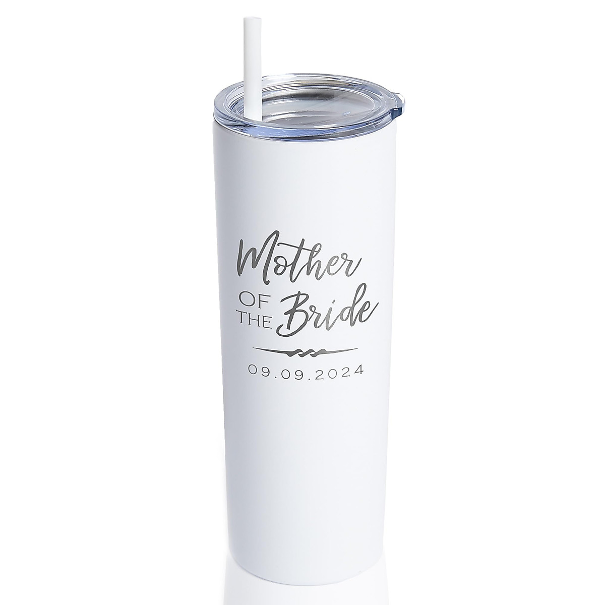 Lifetime Creations Engraved Personalized Mother of the Bride Tumbler, Skinny Stainless Steel Tumbler with Straw 20 oz, Custom Mother of the Bride Gift (White)