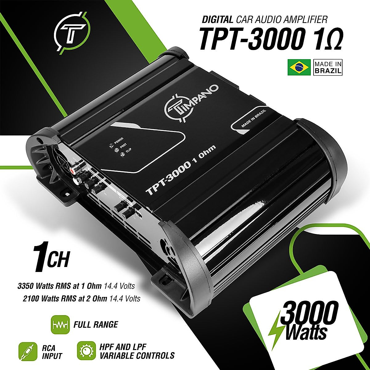 Timpano TPT-3000 1 Ohm Compact Amplifier 3000 Watts, 1 Channel, Full Range Amp Class D for The Installation of Car Speakers, Loudspeakers, Drivers and Tweeters on Car Audio Systems