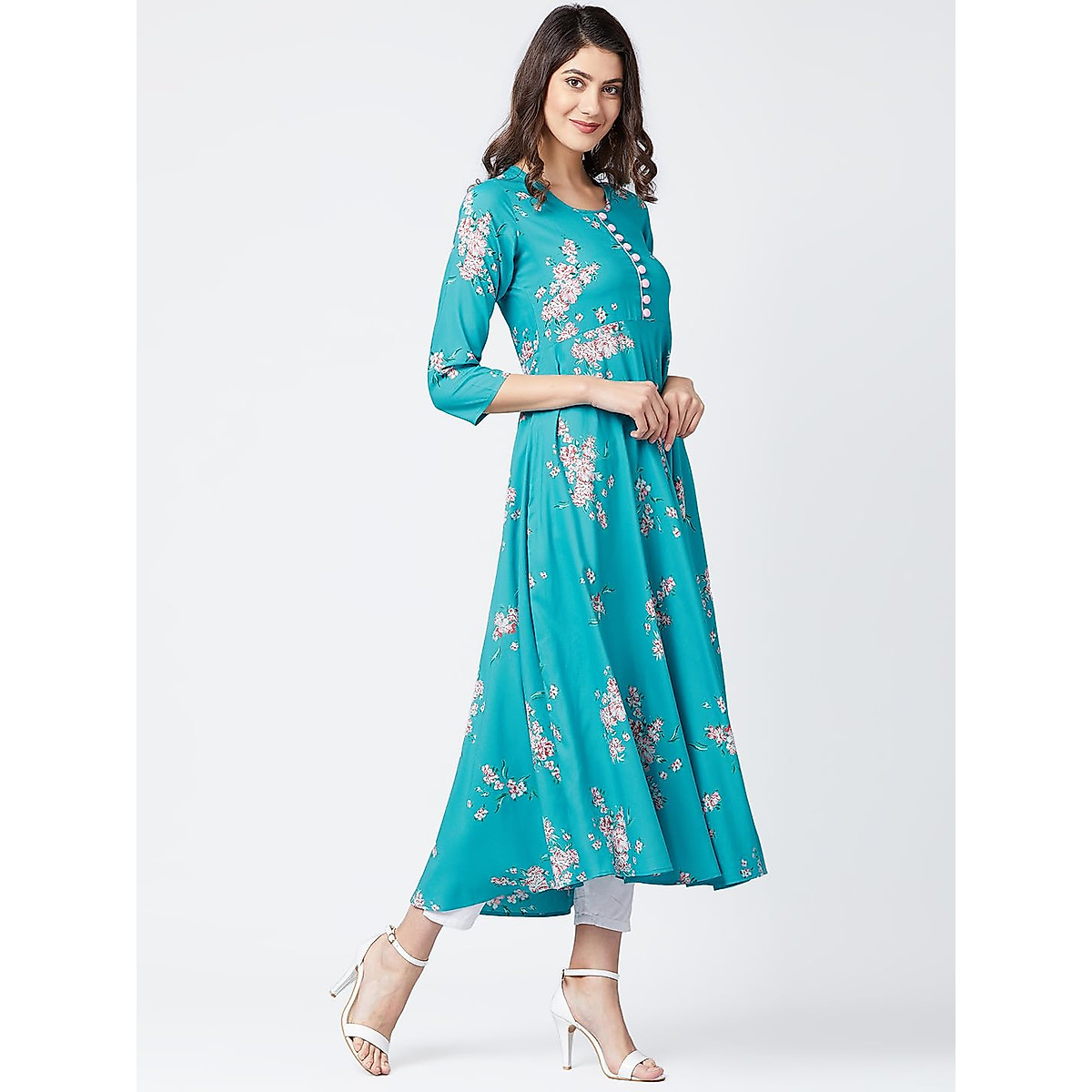 Tissu Women's Rayon Turquoise Floral Printed A-Line Kurta (1937_Blue_S)