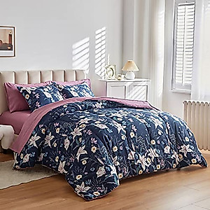 Joyreap 7 Piece Bed in a Bag Full/Queen, Lilies on Navy Floral Design, Microfiber Bedding Comforter Set with Sheets- 1 Comforter, 2 Pillow Shams, 1 Flat Sheet, 1 Fitted Sheet, 2 Pillowcases