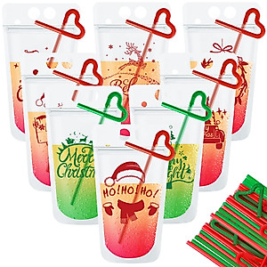 Spiareal 24 Set Christmas Drink Pouches for Adult with Straw, Drink Bags Reclosable Plastic Drink Pouches Xmas Juice Pouch for Christmas Party New Year Beverage Juice Cocktail
