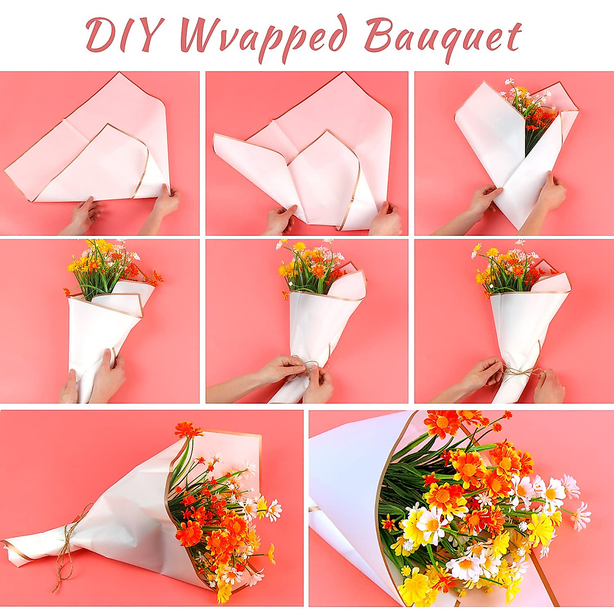 CCINEE 20 Sheets Gold Edge Flower Wrapping Paper,Waterproof Fresh Flower Packing Material Florist Bouquet Supplies DIY Craft Gift Packing,10 Colors