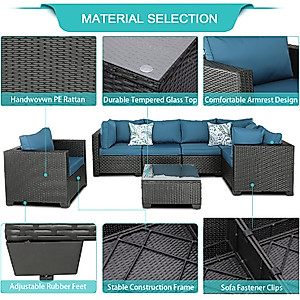 Furnimy Outdoor Furniture Patio Furniture Sets Conversation Sets Balcony Furniture Outdoor Sectional for Outdoor Indoor Backyard Lawn Garden Porch Poolside (Expresso-Peacock Blue, 7 Pieces Set)
