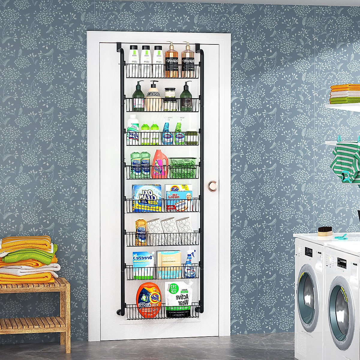 Goovilla Over The Door Pantry Organizer, 8-Tier Pantry Organization and Storage, Metal Hanging Spice Rack for Pantry Door, Kitchen, Laundry, Bathroom Organization, Back of Door Seasoning Rack, Black