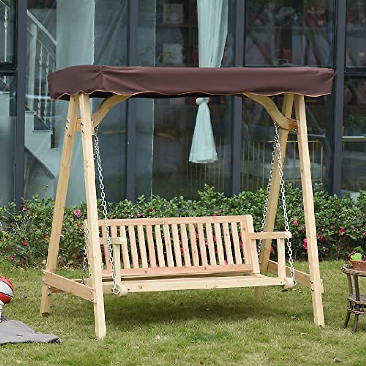 Outsunny Wooden Porch Swing Bench, 2-Seater Outdoor Swing Glider with Adjustable Canopy, Adjustable Hanging Chains, A-Frame, for Garden, Poolside, Backyard, Brown