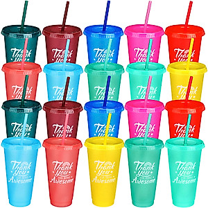 Nuenen Tumbler with Straw and Lid Thank You Gifts 24 Oz Reusable Plastic Cups Coffee Water Bottle Bulk Cold Drink Travel Mug Cup Reusable Plastic Cups for Christmas Adults Birthday, 10 Colors (20 Pcs)
