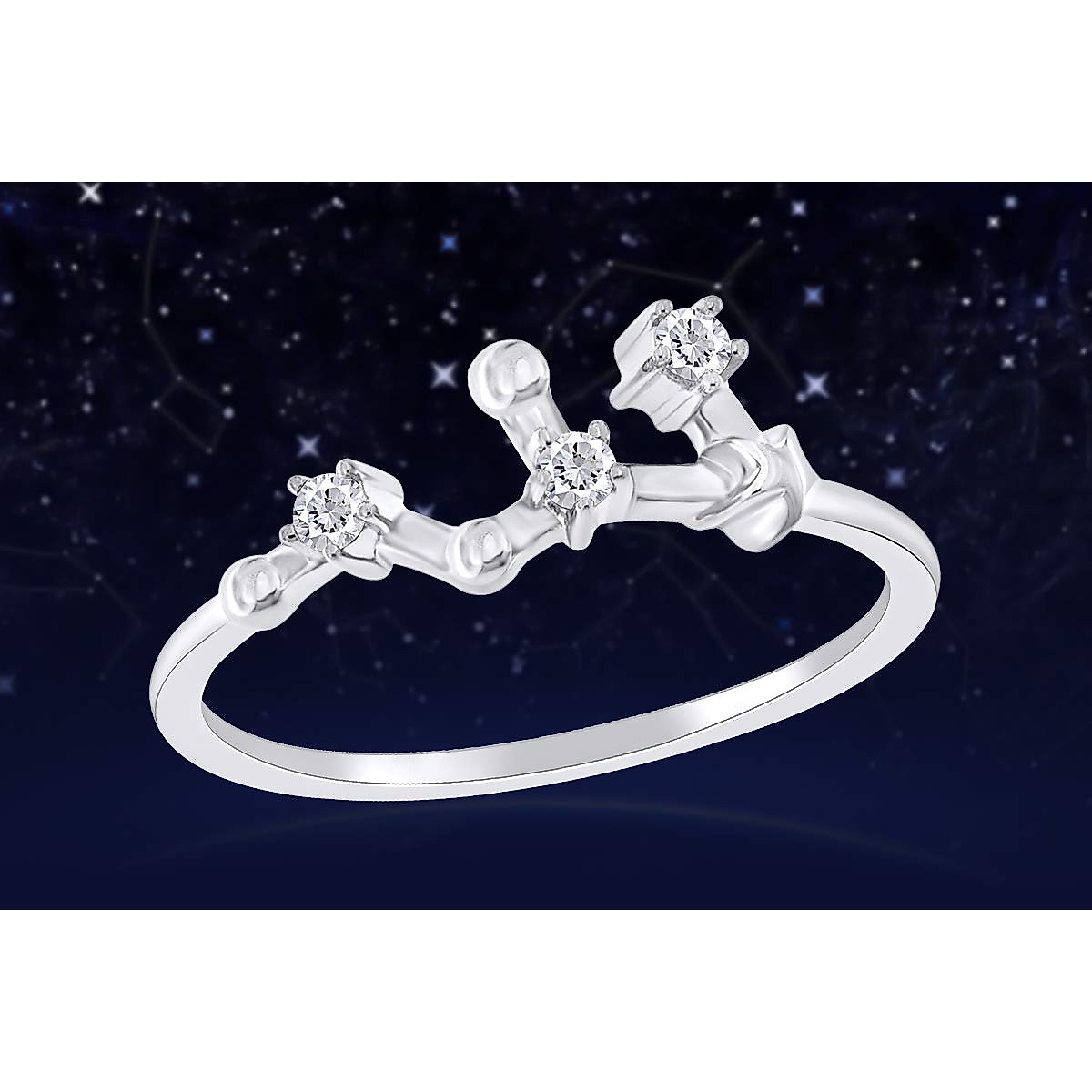 AFFY 1/10 Carat Natural Round Diamond Celestial Star Horoscope Astrology Leo Zodiac Sign Ring In 14k White Gold Over Sterling Silver (0.1 Cttw, H-I Color, I1-I2 Clarity) Ring Size 7