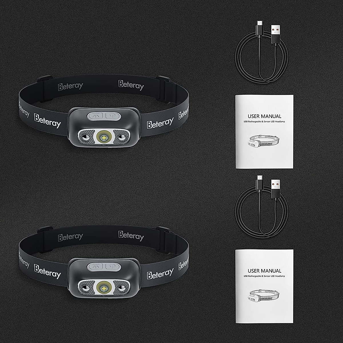 Rechargeable Headlamp for Adults with 300 Lumens USB Head Lamp with Lightweight Design(0.08 LB), IPX4 LED Sensor Headlamps for Running Camping Reading with Long Run Time (Black & White) - 2 Pack