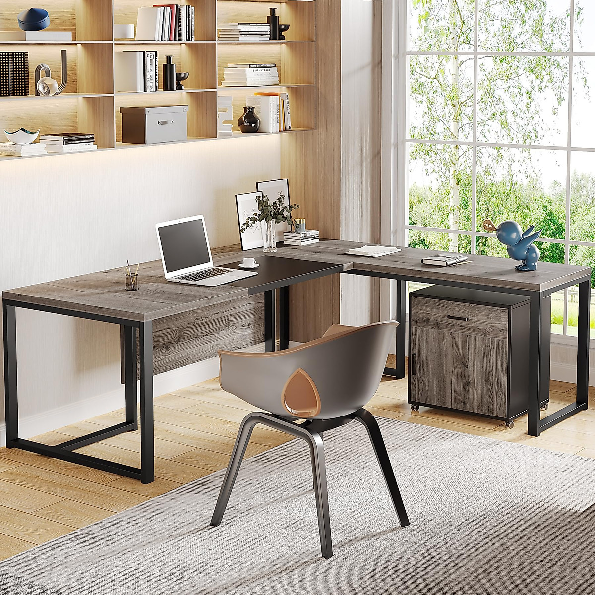 Tribesigns 70.8" L-Shaped Executive Desk with Drawer Cabinet, Large Executive Office Desk with Separate File Cabinet, Home Office Desk Workstation Business Furniture Set, Retro Gray