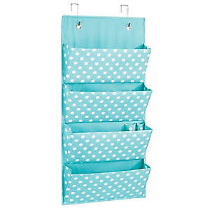 mDesign Soft Fabric Wall Mount/Over Door Vertical Hanging Storage Organizer Center - 4 Large Pockets for Baby Child/Kids Bedroom, Nursery, Playroom, Closet - Polka Dot Print - Turquoise Blue/White
