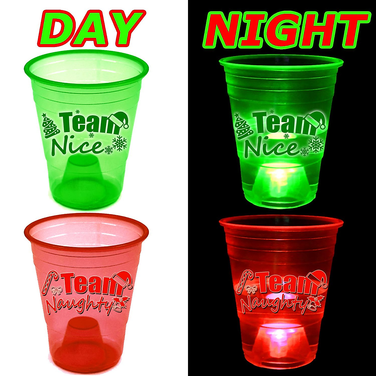 mishunyus 24 Pcs Christmas Party Cups,Glowing Christmas Team Naughty or Nice Party Cups Decoration Cups for Christmas Party Cups Party Supplies(Red & Green)