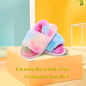LightFun Fuzzy Fluffy Furry girls kids slippers cloud Fur Open Toe Slippers for kid House Home Indoor Outdoor(Colorful,1011)